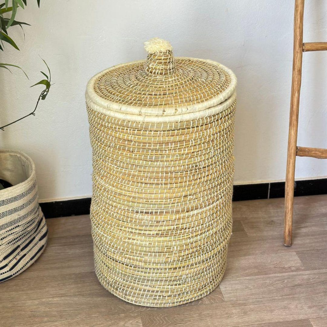 Large Round Boho Storage Basket With Lid | Straw Laundry Basket & Toy ...