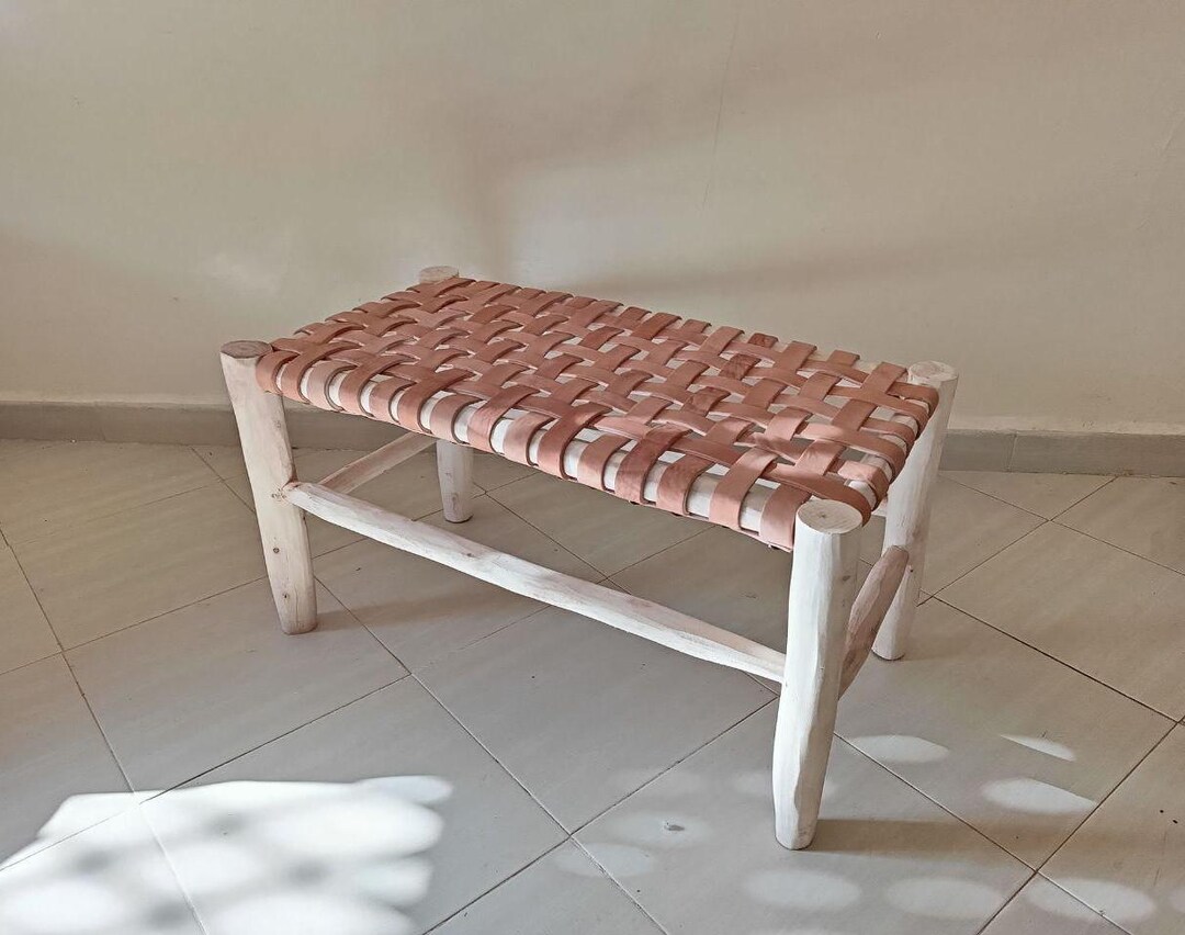 Moroccan Handmade Leather Bench Boho Entryway, Bed Bench, Natural Woven ...