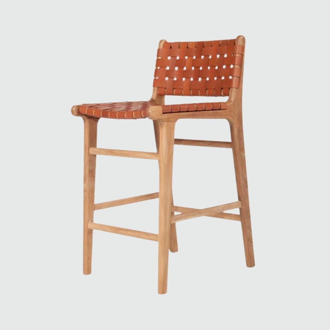 Woven Leather Counter Stool Tan – Handmade Bar Stool With Back, Teak ...