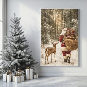 Vintage Santa and Reindeer Wall Art – Rustic Christmas Print for Holiday Decor, Winter ...