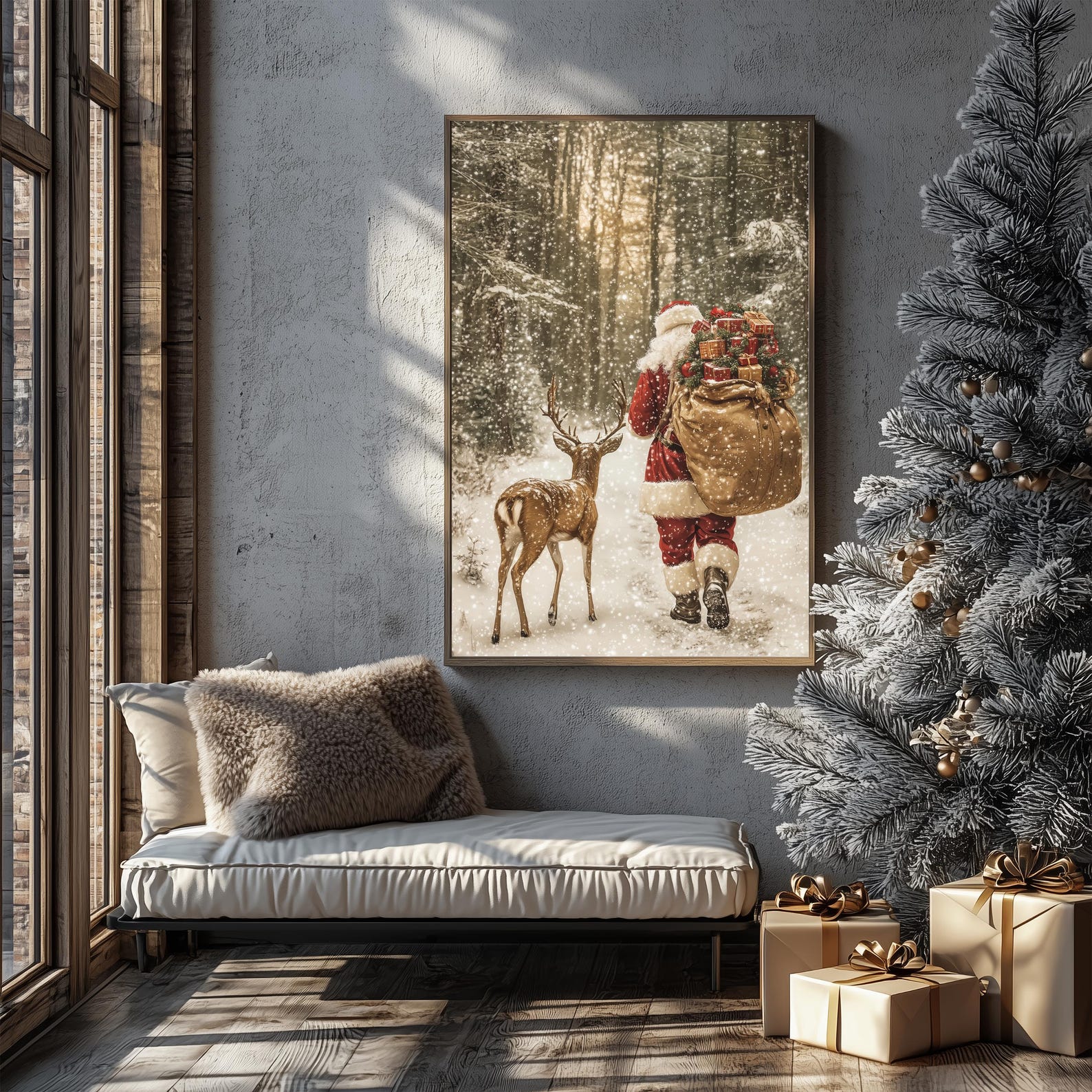 Vintage Santa and Reindeer Wall Art - Rustic Christmas Print for ...