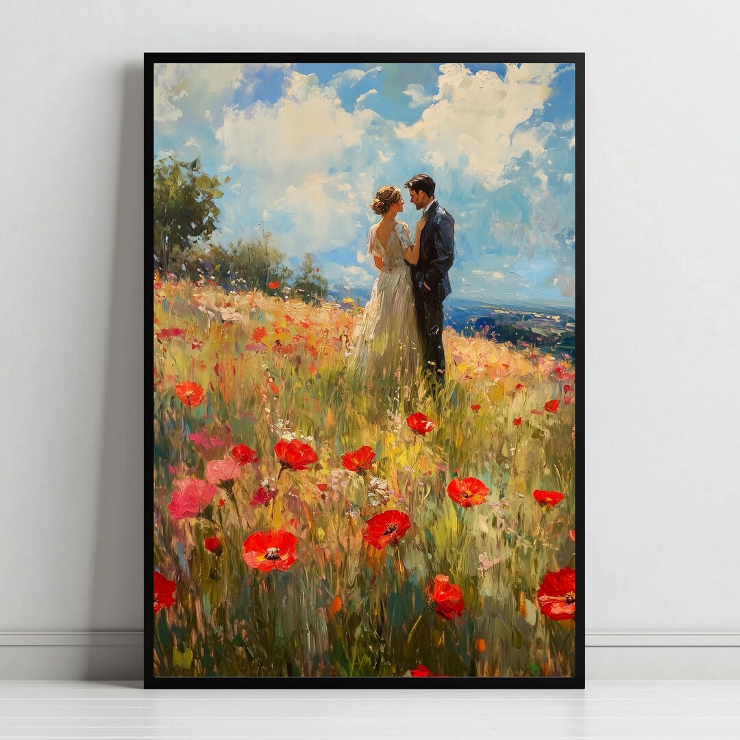 Romantic Couple Poppy Field Canvas Print | Vintage Bridal Wall Art - Etsy