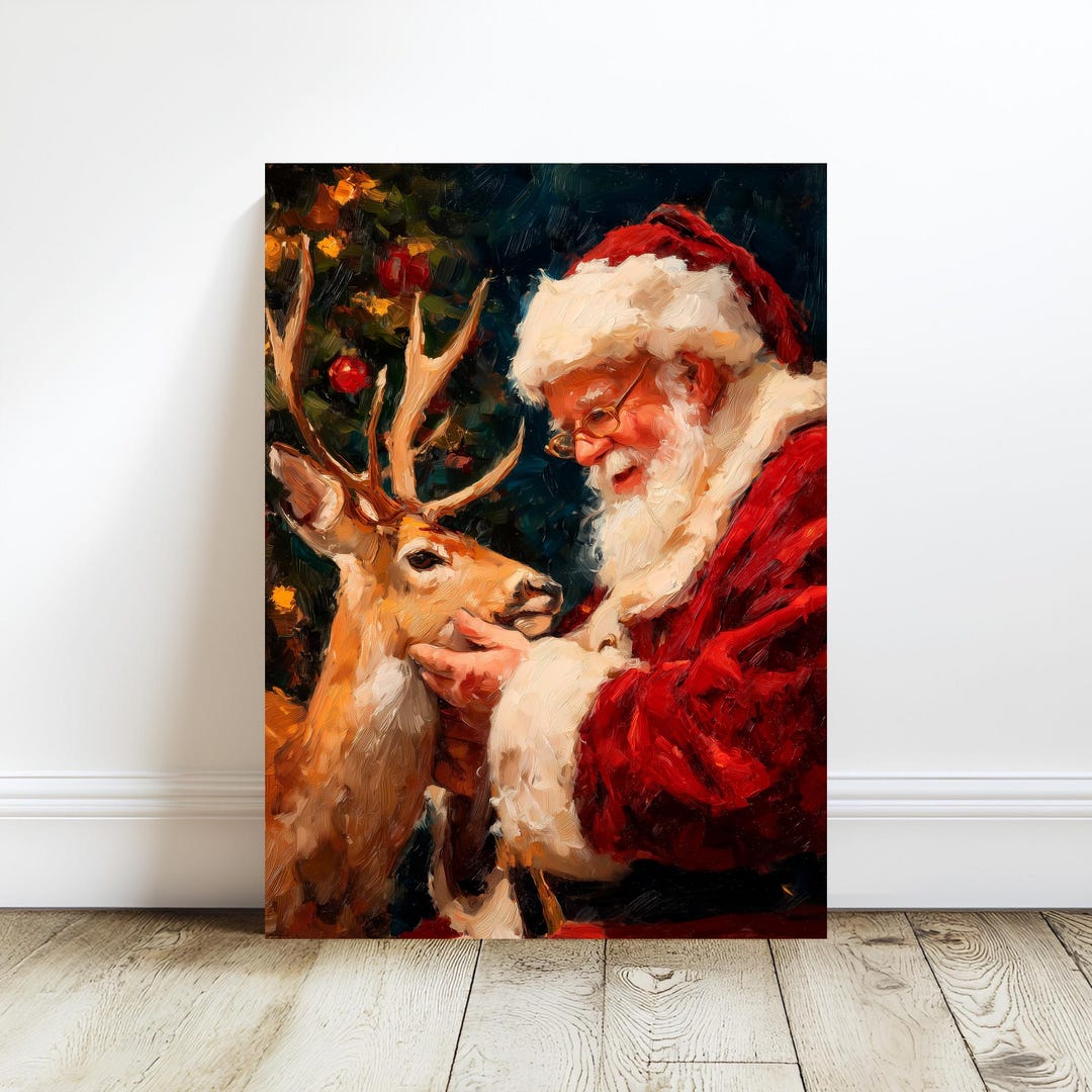 Santa With Reindeer – Traditional Christmas Oil-paint Style Canvas Wall ...