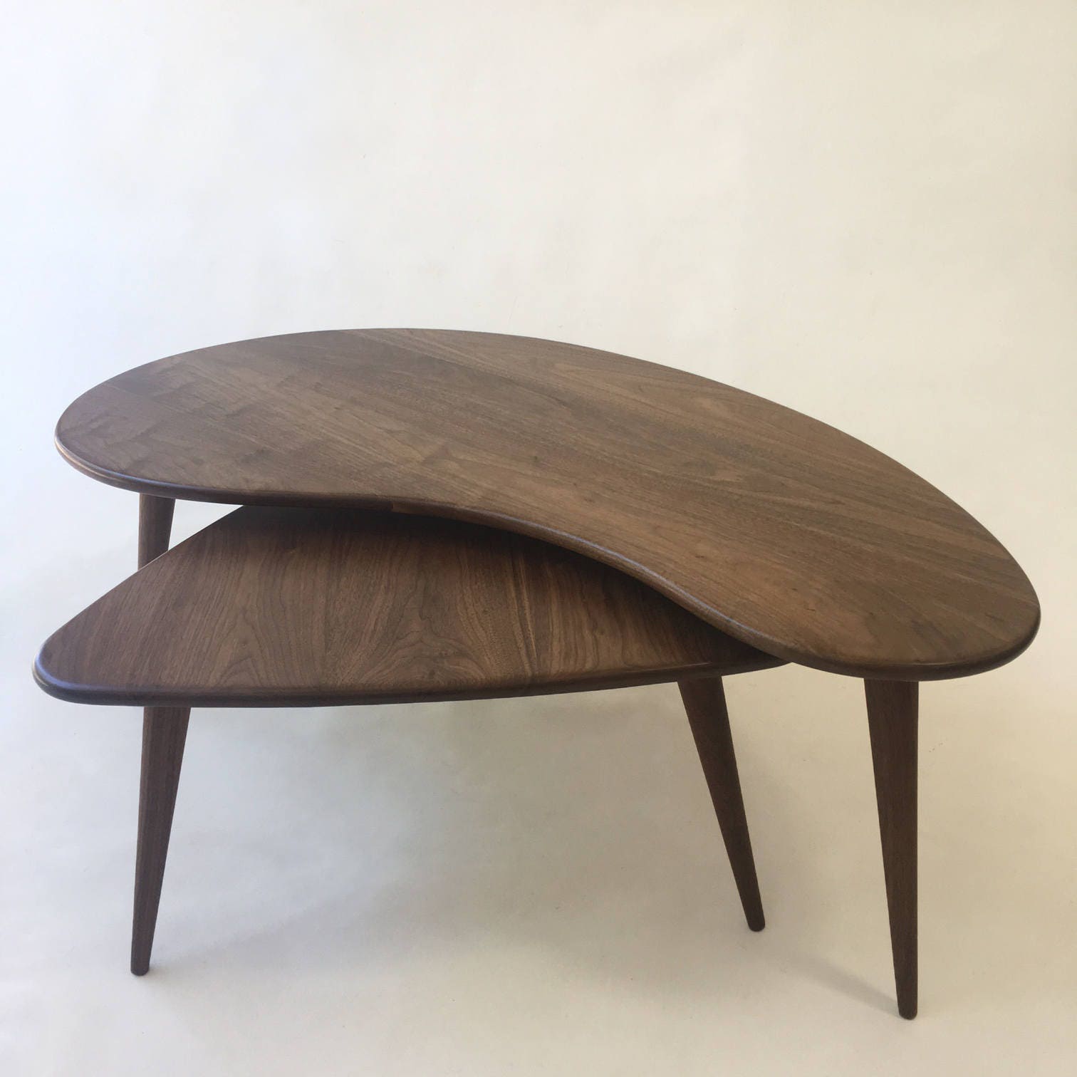Nesting Kidney Bean Guitar Pick Coffee Tables Mid Century Modern Atomic Era Design In Solid Walnut with Solid Walnut Tapered Legs