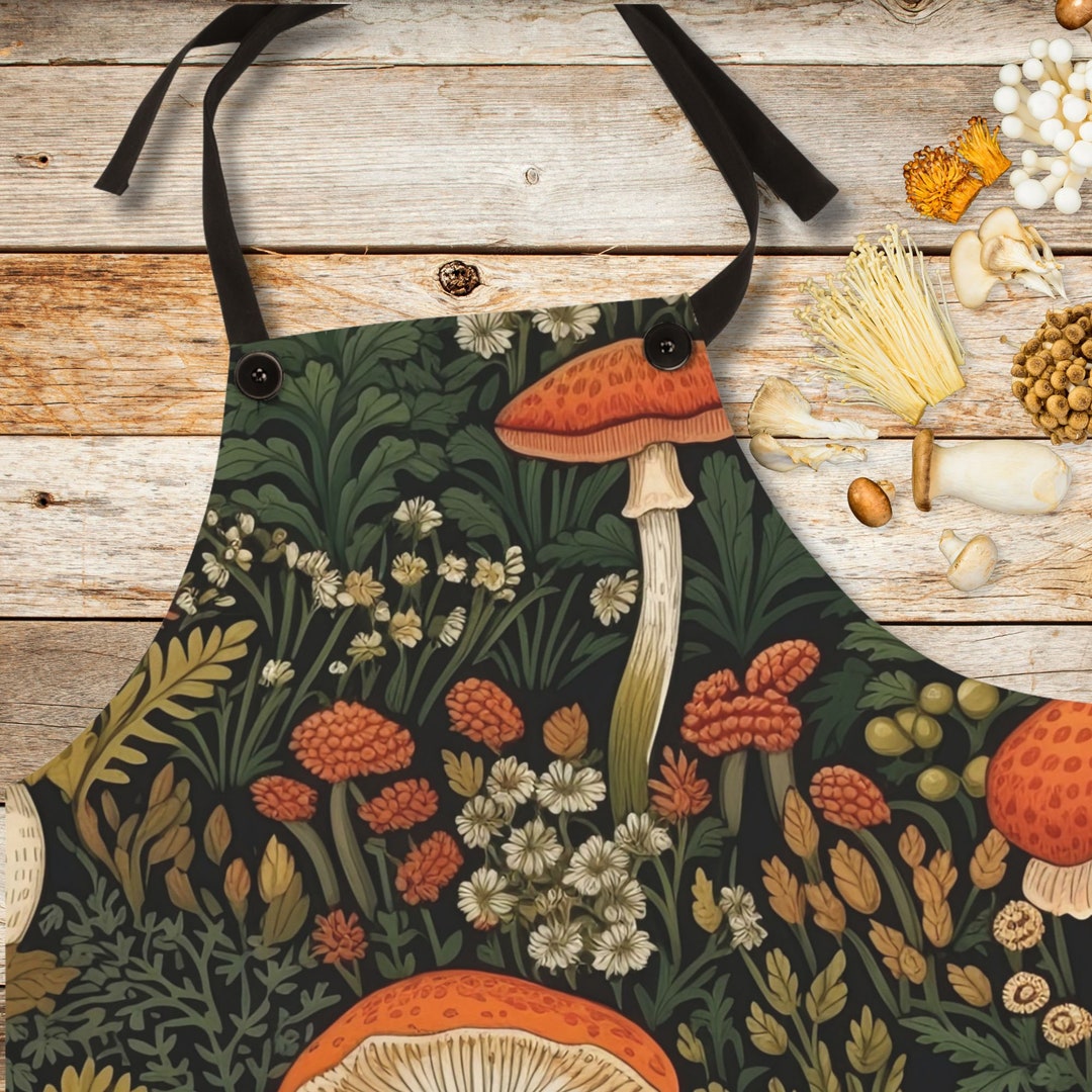 Boho Mushroom Botanical Apron, Cottagecore Kitchen Apron, Housewarming ...