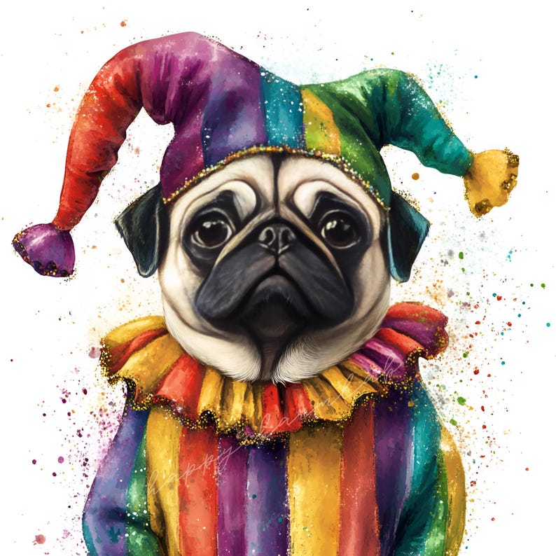 Whimsical Watercolor Pug Glitter Dog Clown Clipart Png Set - 10 JPEG ...