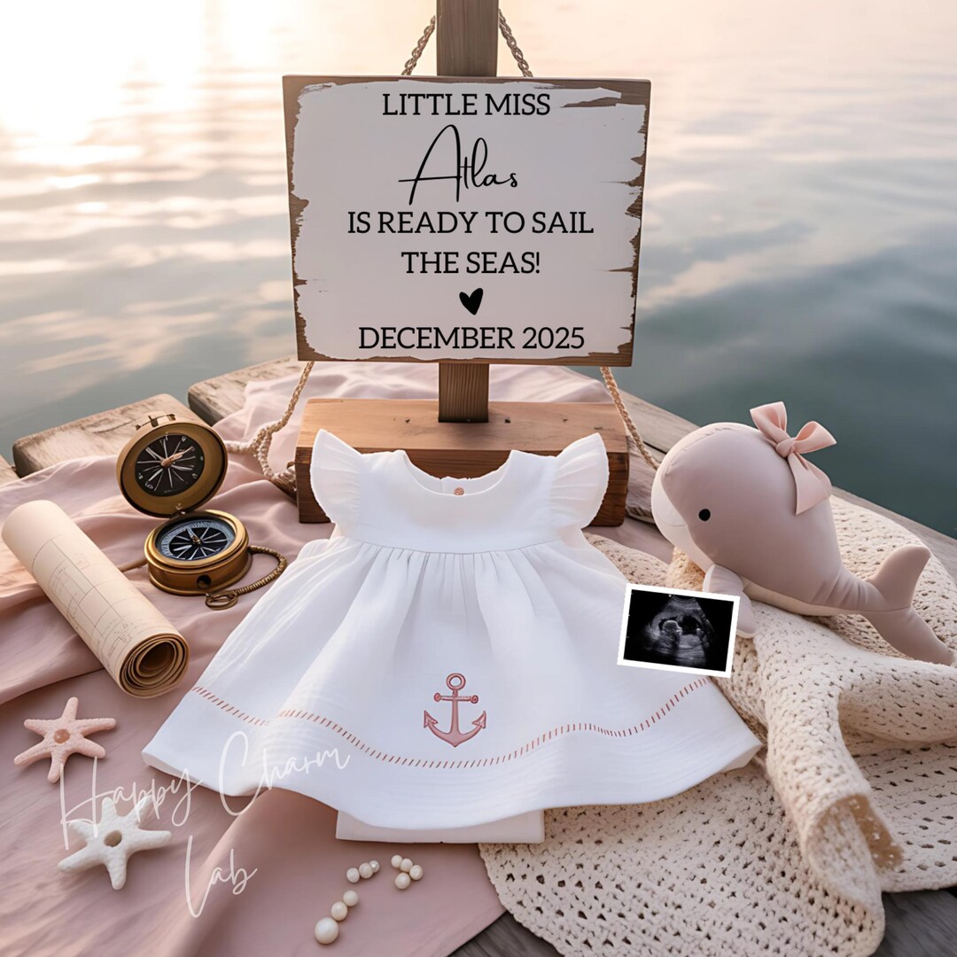 Girl Nautical Baby Announcement Digital, Minimalist Anchor Theme ...
