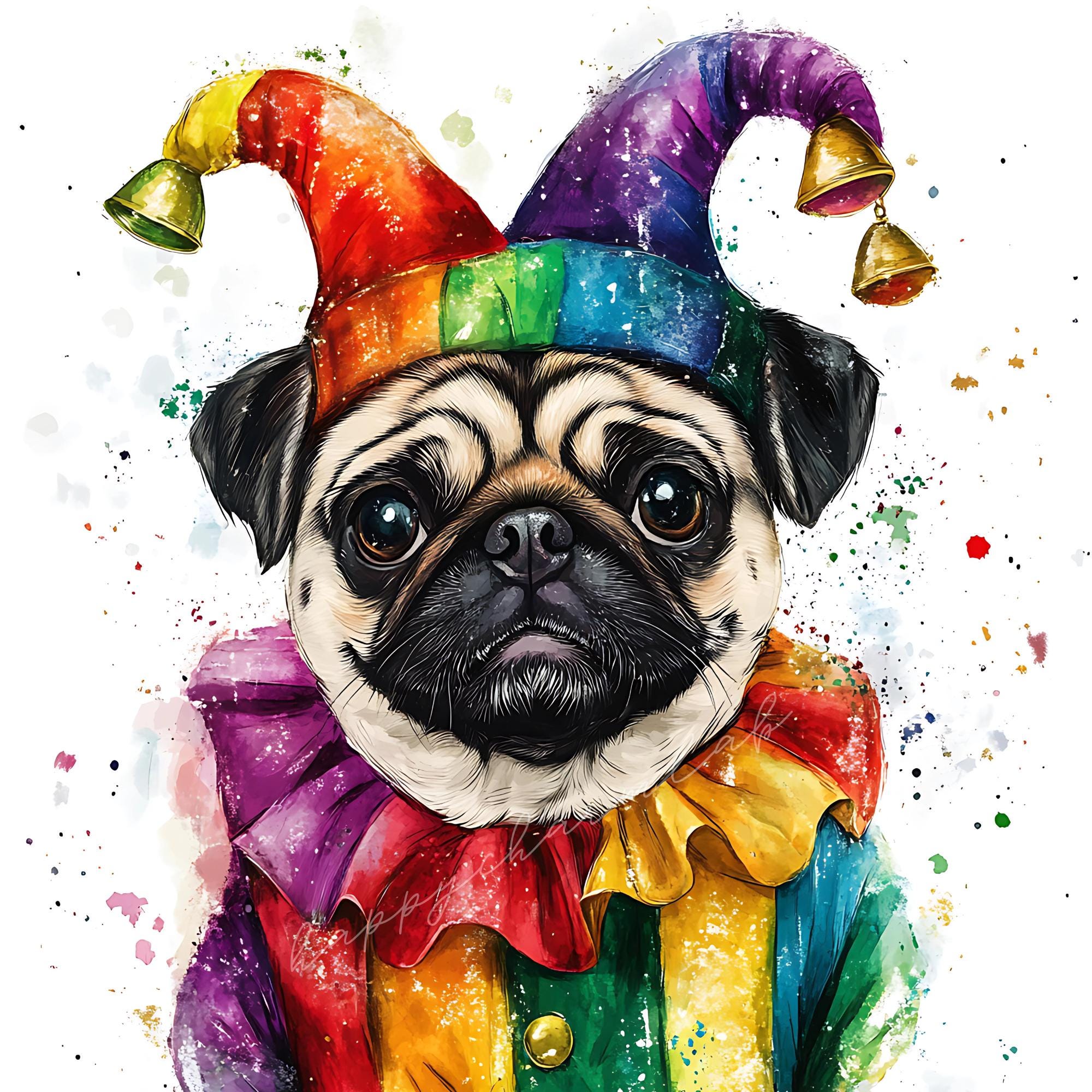 Whimsical Watercolor Pug Glitter Dog Clown Clipart Png Set - 10 JPEG ...