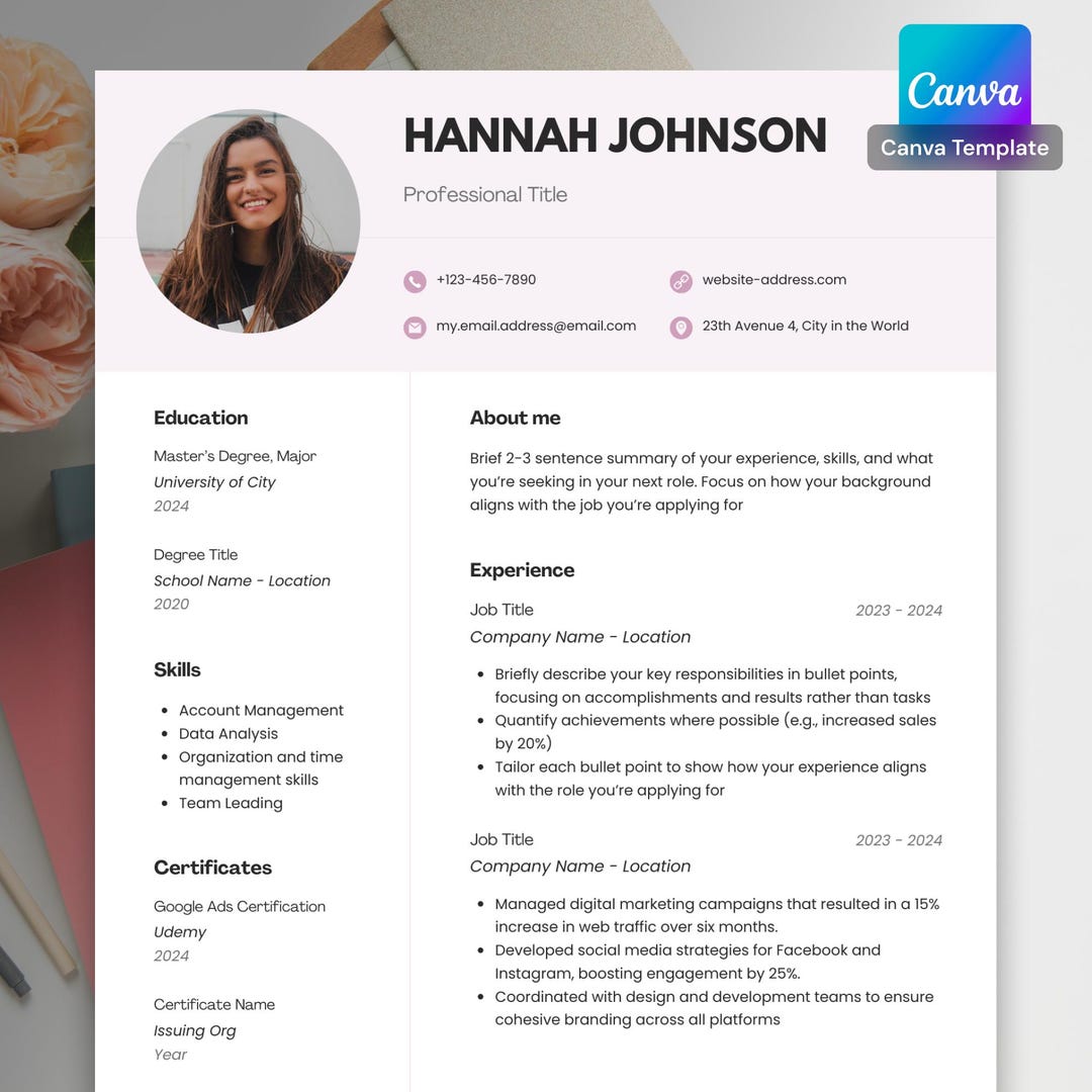 Canva Resume Template - Editable CV Resume With Cover Letter and ...