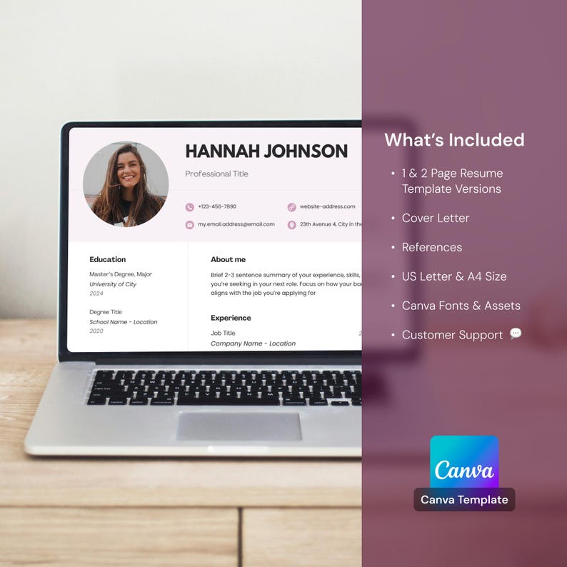 Canva Resume Template - Editable CV Resume With Cover Letter and ...