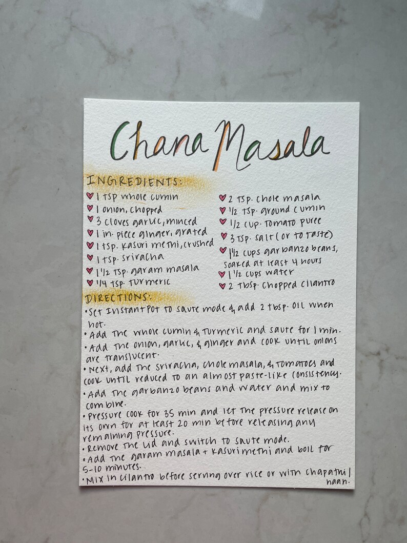 Chana Masala Hand Illustrated Recipe Card PDF Download, Hand Drawn ...
