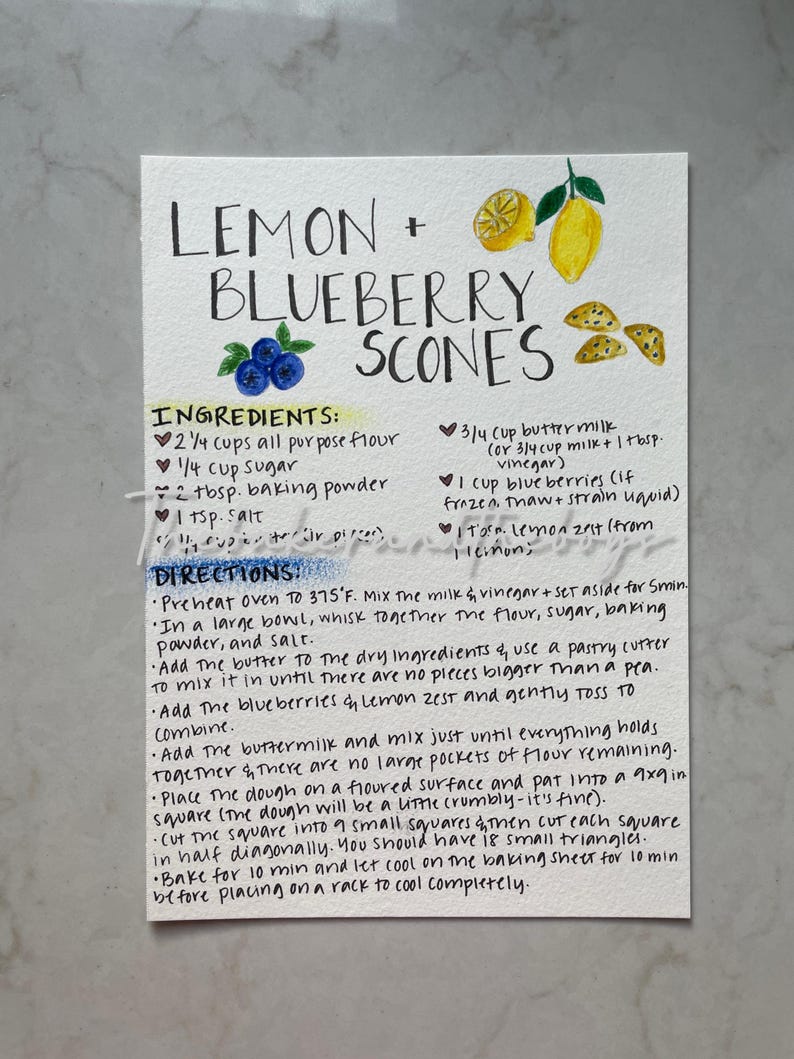 Lemon Blueberry Scones Hand Illustrated Recipe Card PDF Download, Hand ...