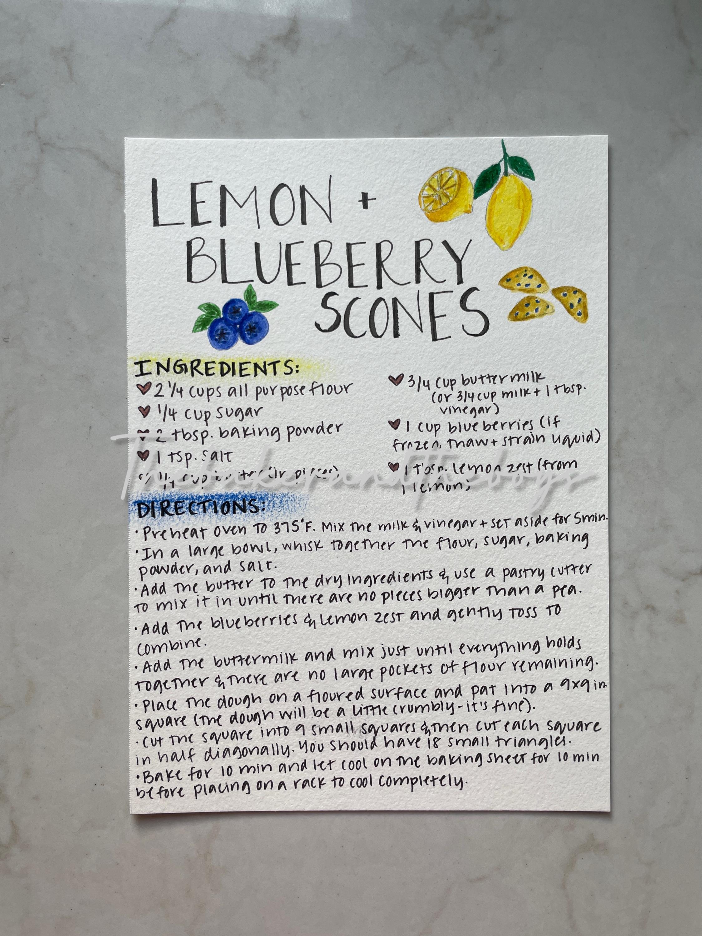 Lemon Blueberry Scones Hand Illustrated Recipe Card (PDF Download ...
