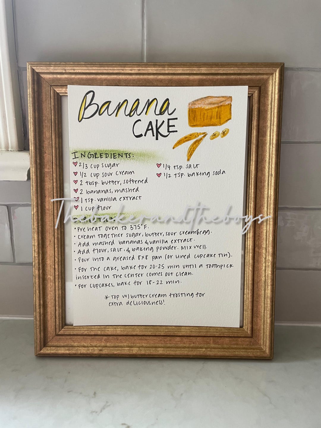 Banana Cake Hand Illustrated Recipe Card (PDF Download), Hand Drawn ...