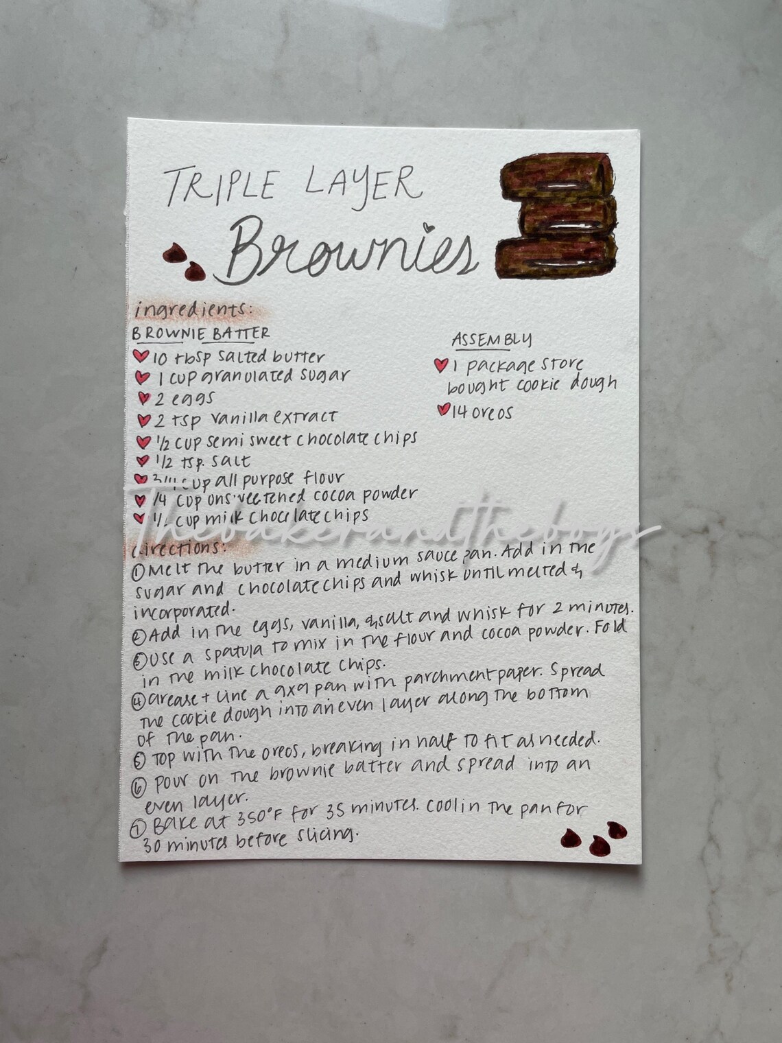 Triple Layer Brownie Hand Illustrated Recipe Card (PDF Download), Hand ...