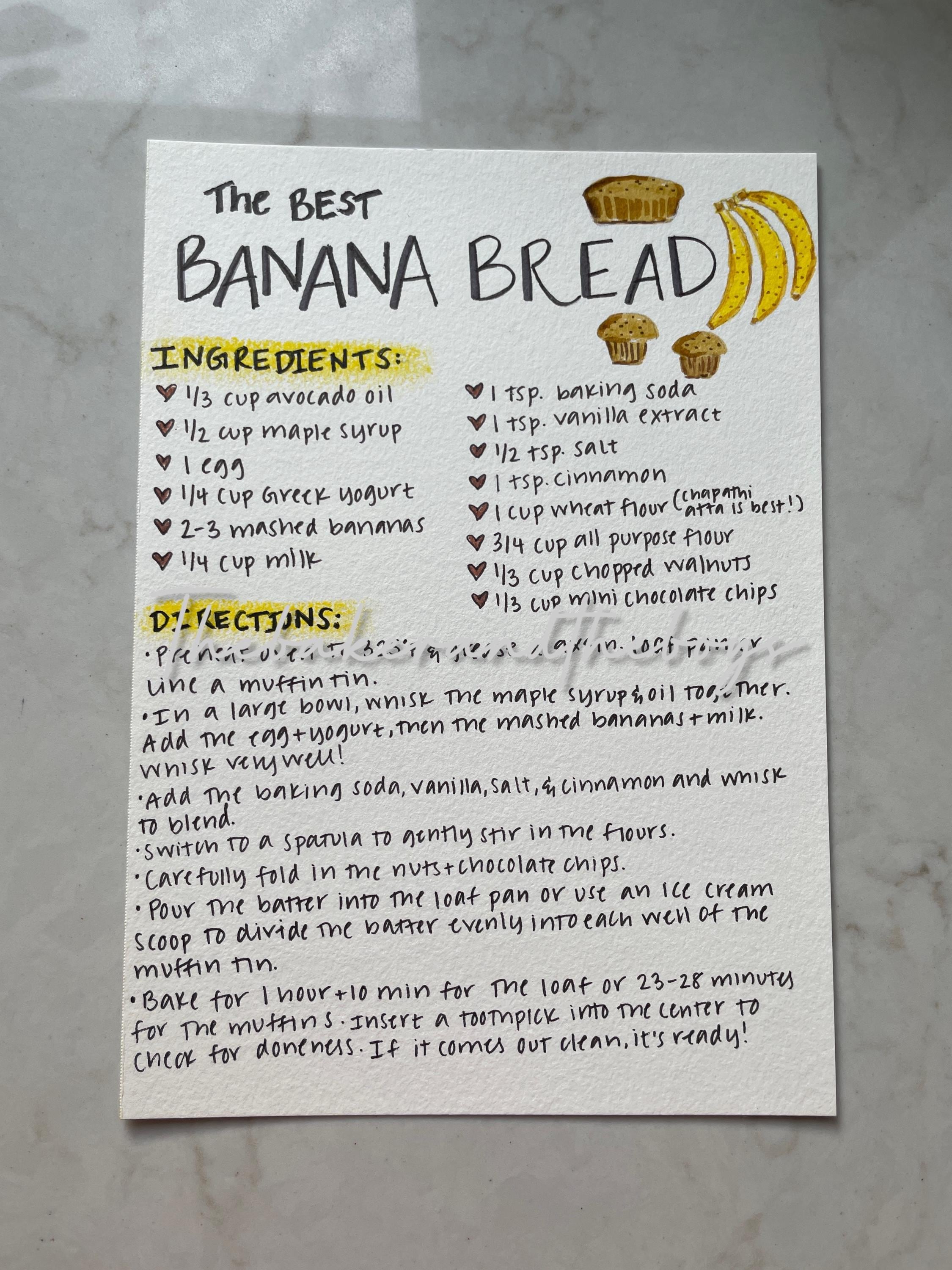 Banana Bread Hand Illustrated Recipe Card (PDF Download), Hand Drawn ...