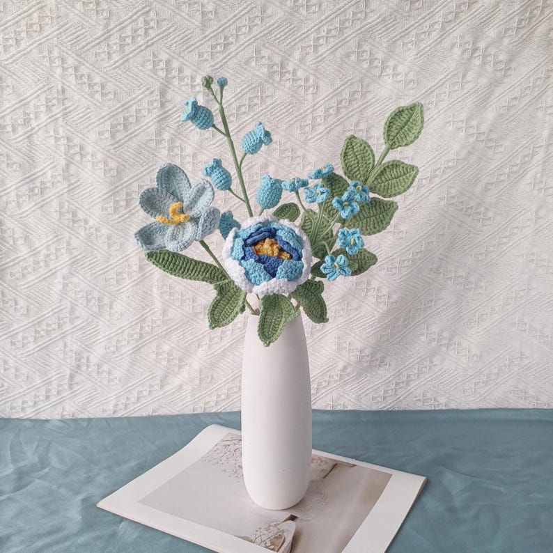 Blue Crochet Flower Bouquet: Handmade Wool Everlasting Blooms,gift for ...