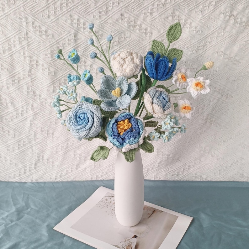 Blue Crochet Flower Bouquet: Handmade Wool Everlasting Blooms,gift for ...