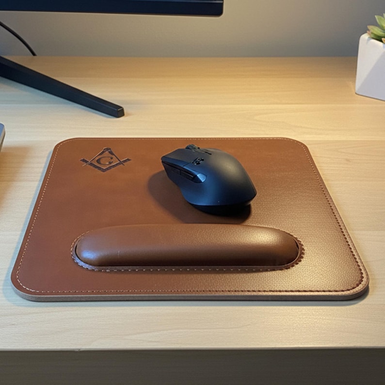 Leather Mouse Pad With Wrist Rest – Masonic Square & Compasses Desk Mat ...