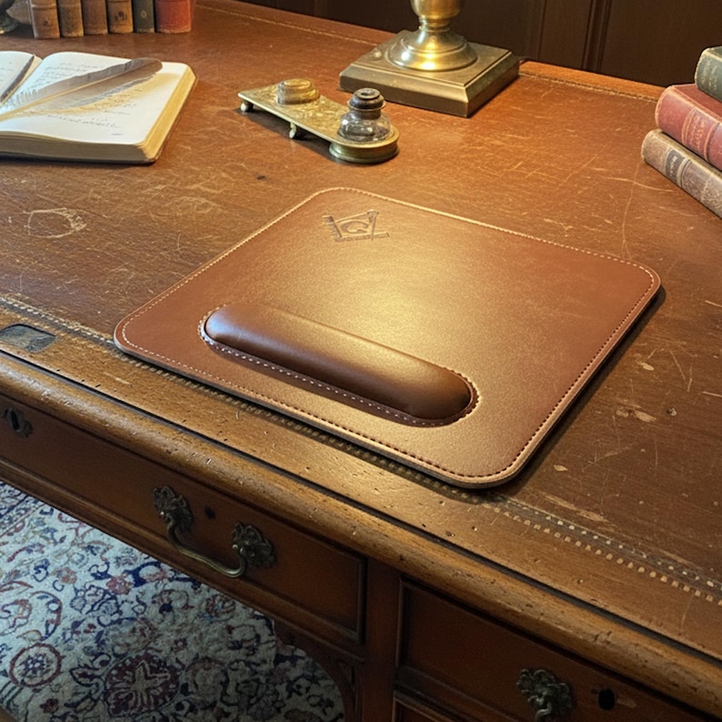 Leather Mouse Pad With Wrist Rest – Masonic Square & Compasses Desk Mat ...
