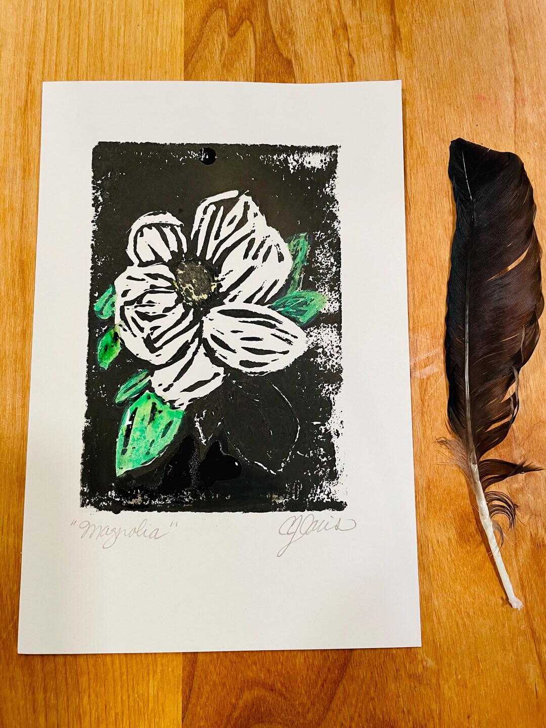 Magnolia Linocut Art White Linoleum Block Wall Art Print With Hand ...