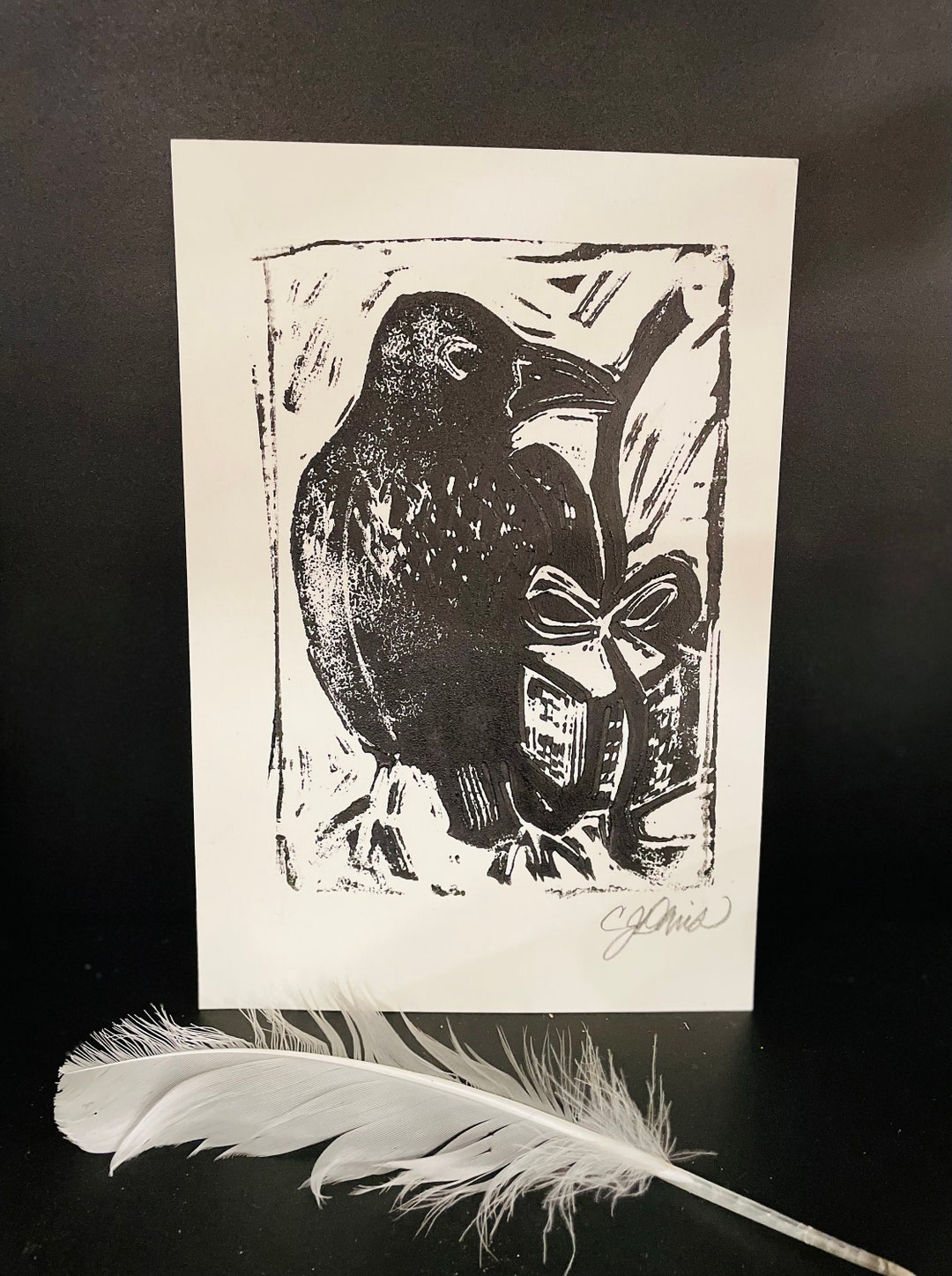 Crow With Gift Crow Linoprint All Occasion Gift Original Printmaking by ...