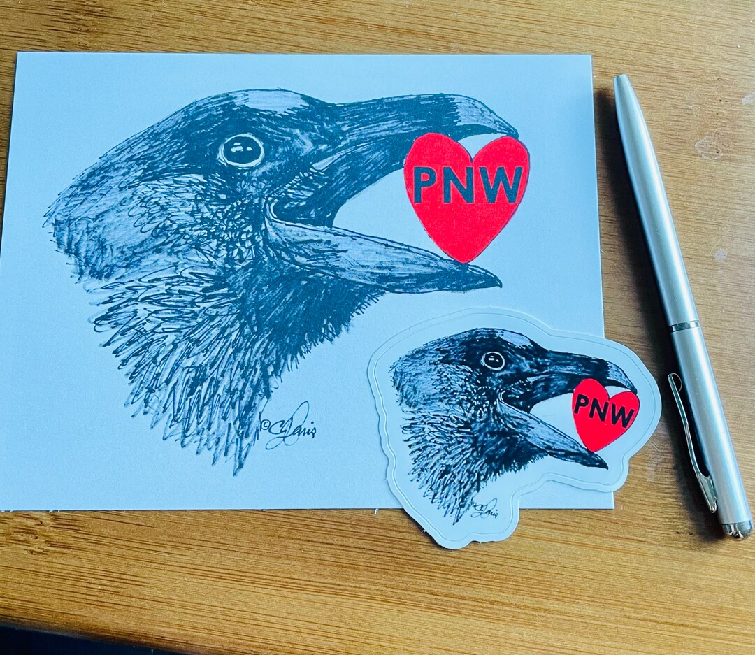 PNW Pacific Northwest Pride Crow Holding Heart Card Postcard or Vinyl ...