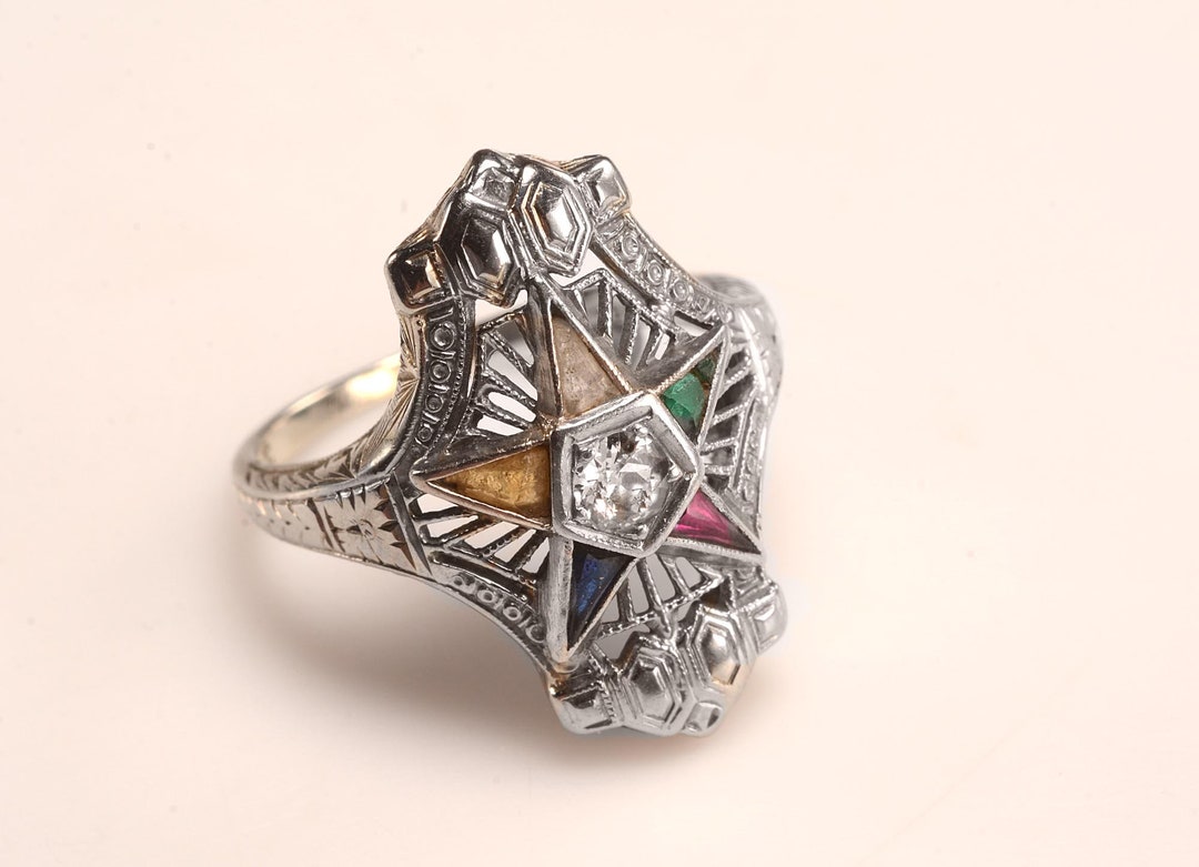 1922 OES Ring: 18k White Gold Filigree, Set With True Round Cut DIAMOND ...