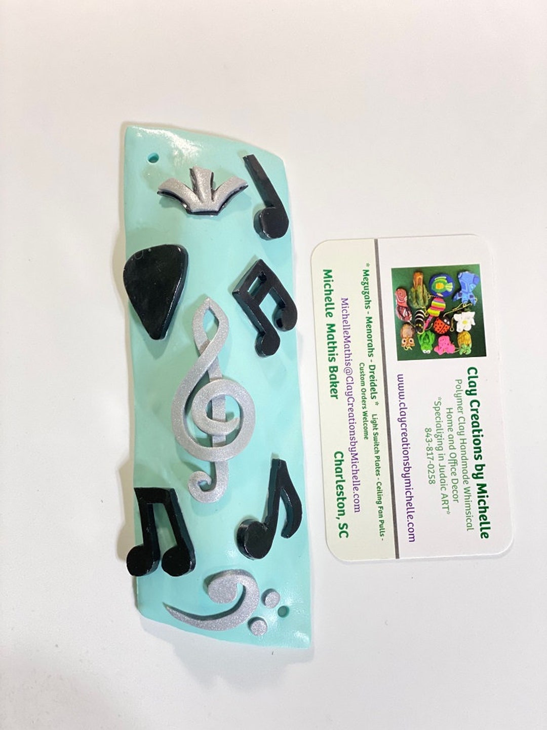 Music Notes Black and Silver on Aqua/teal Blue Polymer Clay Mezuzah ...