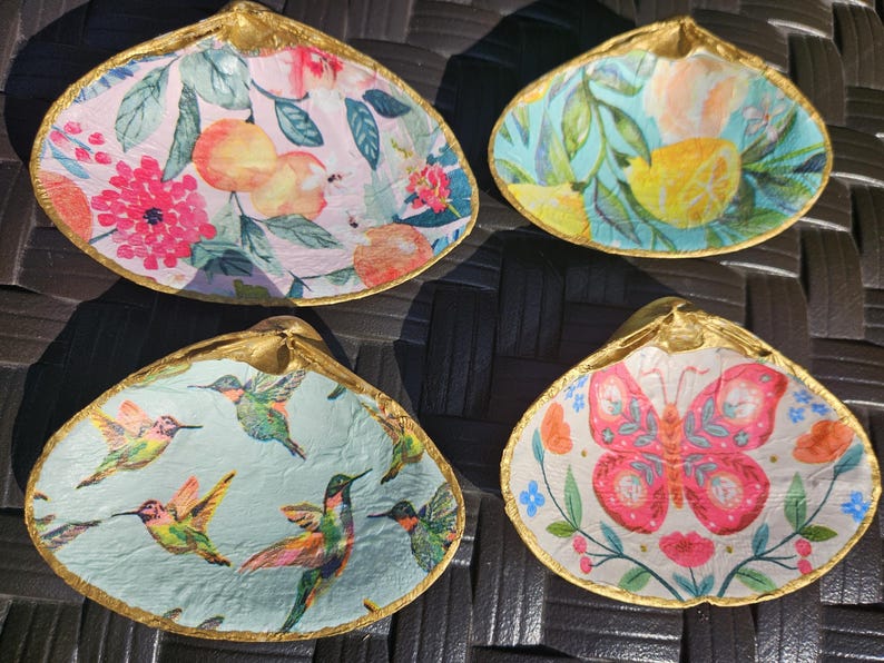 Clam Shell Ring Dish, Seashell, Decoupage Jewelry Holder, Coastal Beach ...