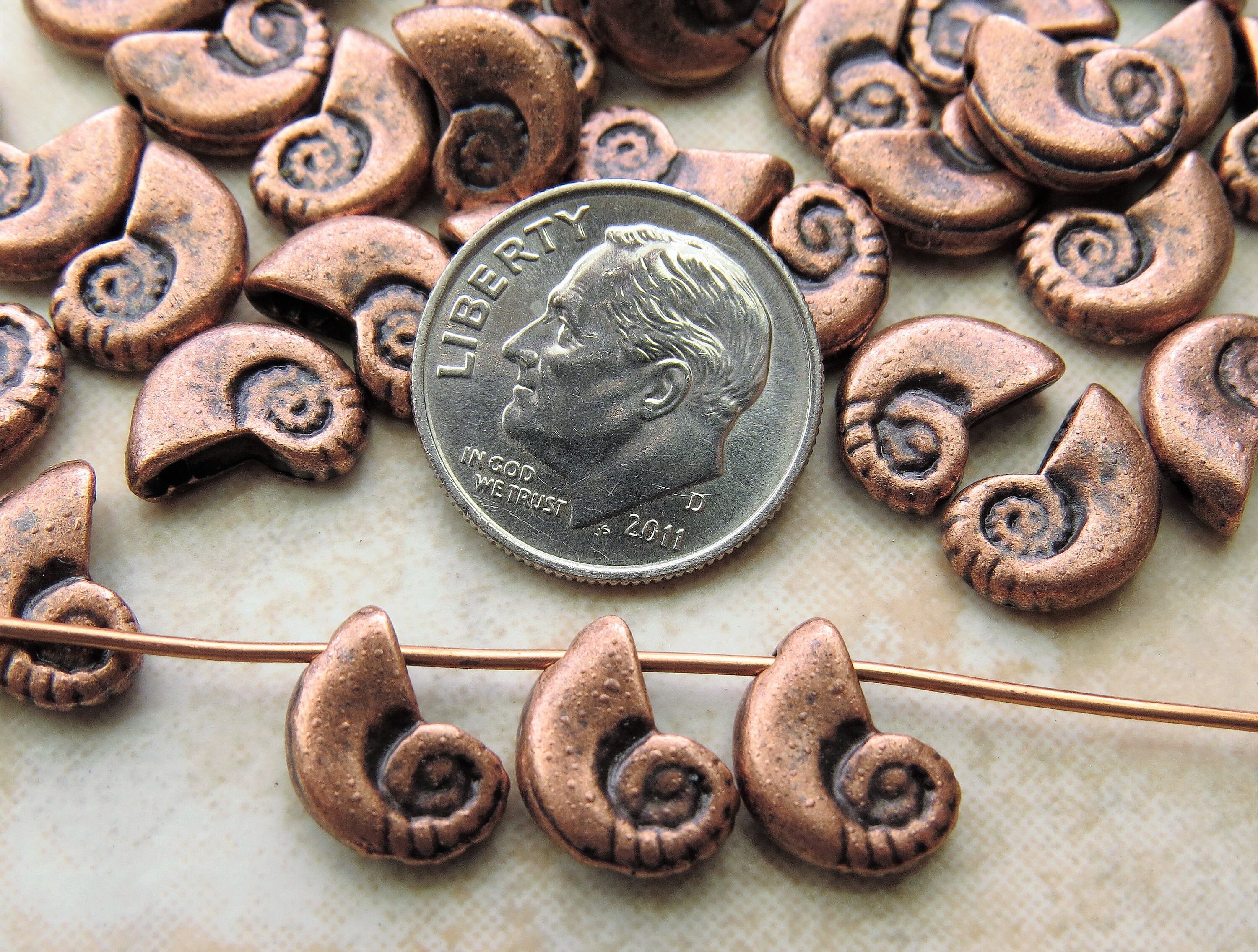 10x5x2mm (1mm Hole) Antique Copper Ammonite Alloy Metal Beads - Qty 10 ...