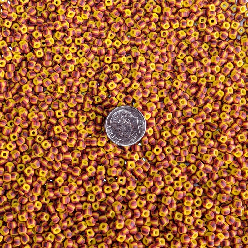 6/0 Matte Opaque Yellow With Red and Brown Stripes Czech Glass Seed ...
