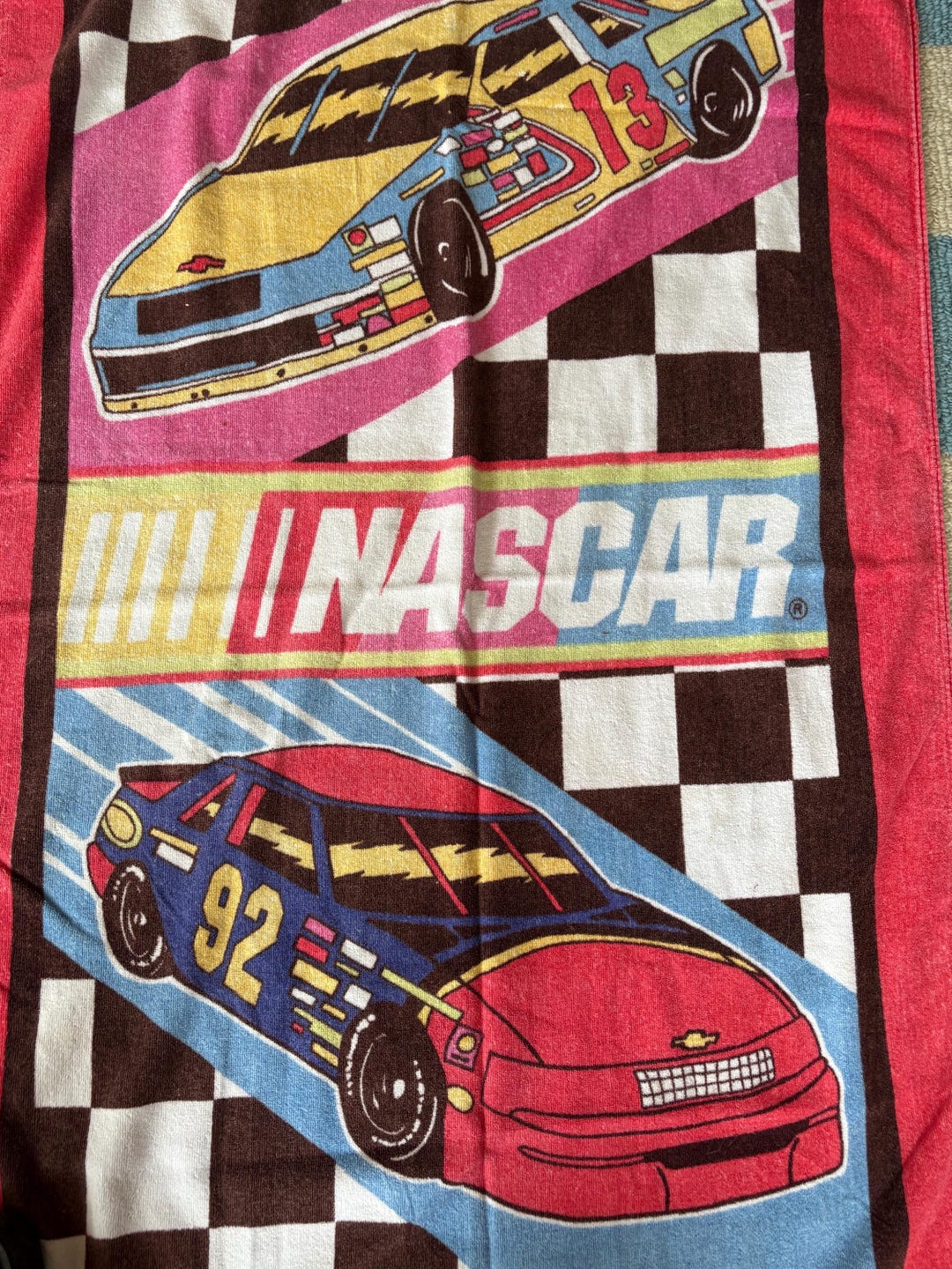 Vintage 90s NASCAR Race Car Checkered Flag Cotton Beach Towel by Jay ...