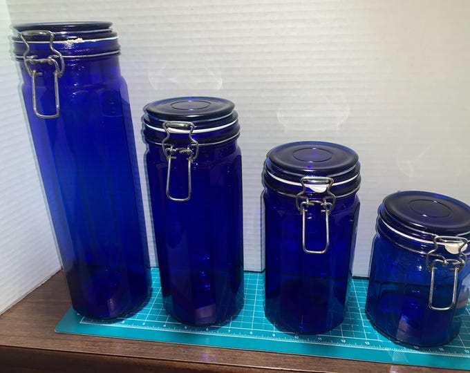 Set of 4 Cobalt Blue Glass Wire Bail Canisters - Etsy