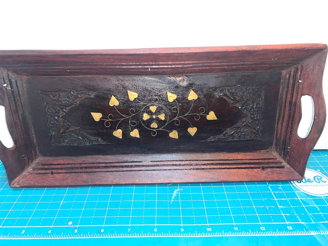 MCM Wooden Tray With Brass Inlay and Side Handles - Etsy