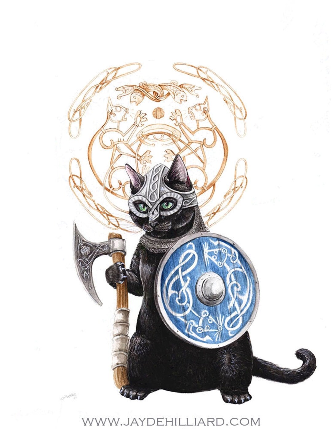 Viking Cat Art Print Norse Knotwork Battle Cat Wielding Axe and Shield ...