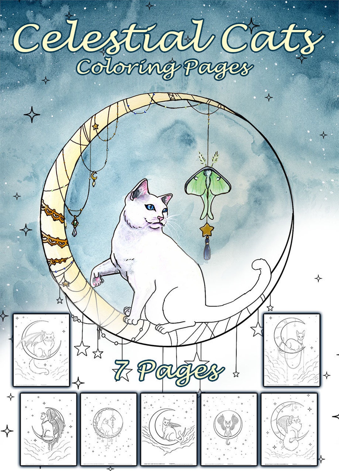 Digital Download Celestial Cats Coloring Pages Cats on the Moon Fantasy ...