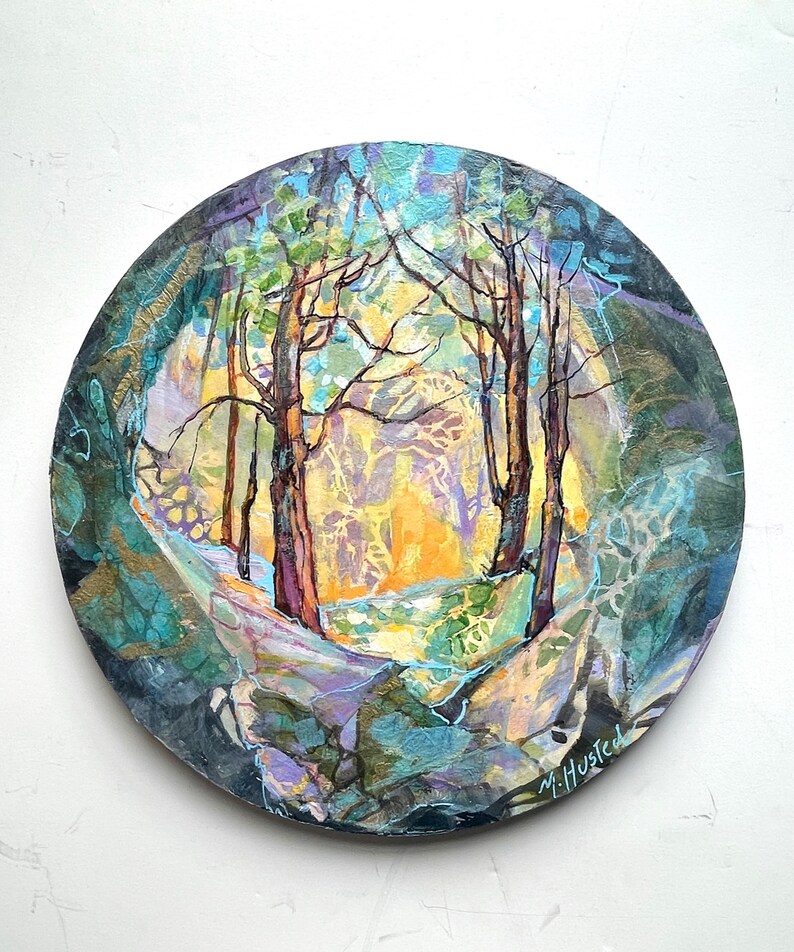 Original Painting, Round Wall Art, Forest Scene, Mixed Media ...