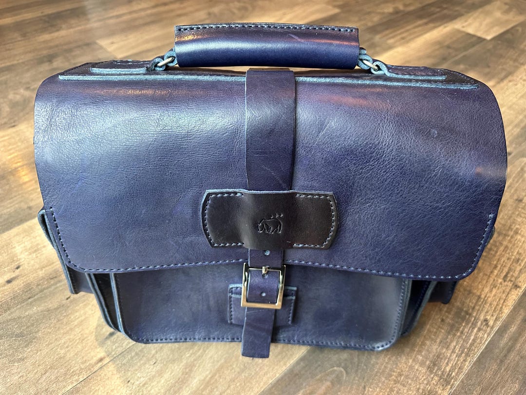 Dark Blue Leather Briefcase - Etsy