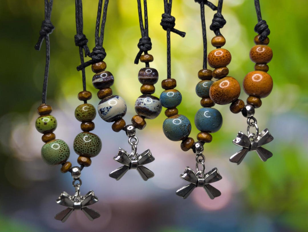 Coquette Ribbon Bow Charm Ceramic Beaded Pendant Wooden Boho Hippie ...