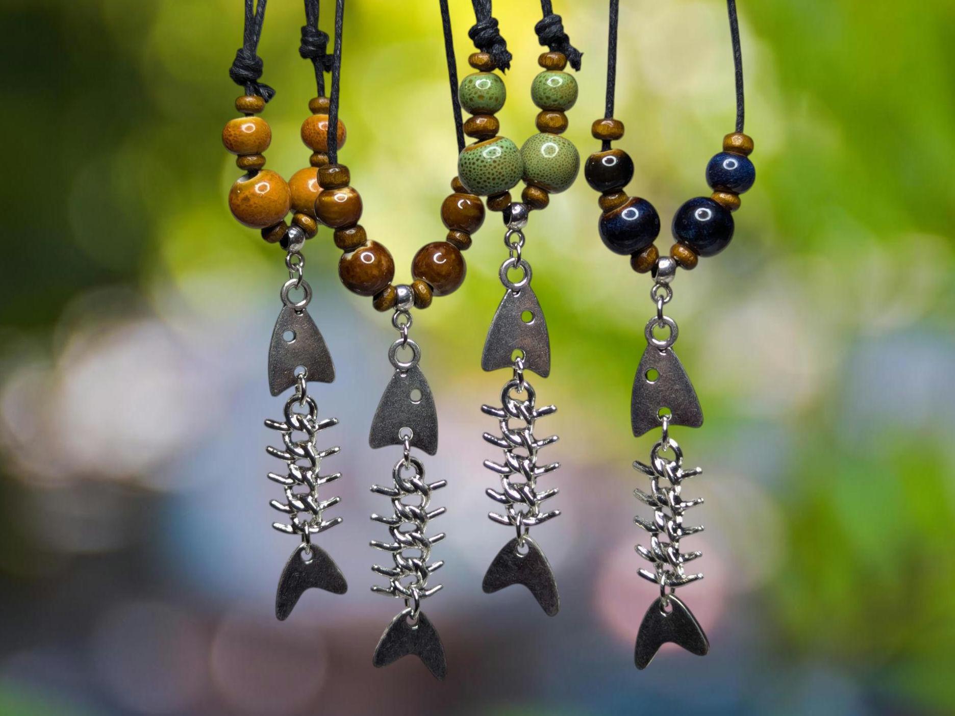 Dangling Fish Skeleton Sardine Charm Silver Ceramic Bead Pendant Boho ...