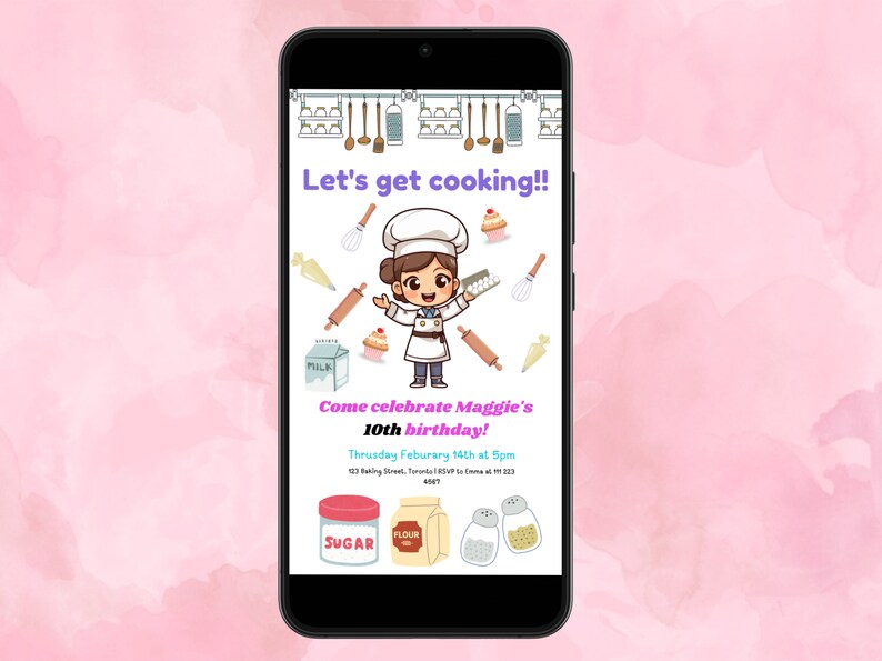 Kids Cooking Party Birthday Invitation, Pink Party, Editable Digital ...
