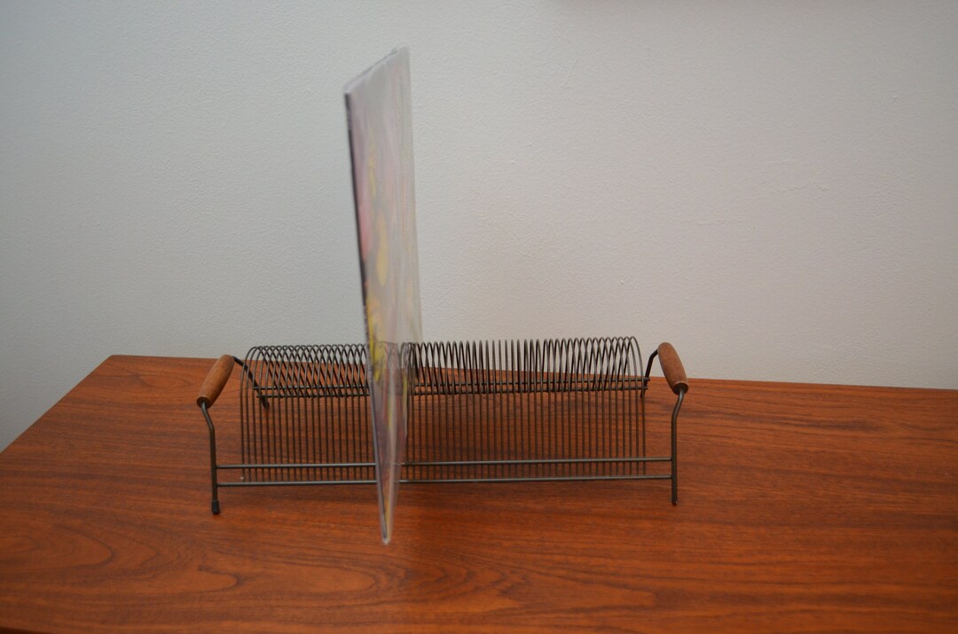 Vintage MCM Wire Record Rack Vinyl LP Display for Albums Wood Handles ...
