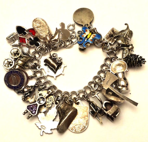 Charm Armband geladen Sterling Silber Charms Double Link Sterling Armband Vintage Sterling Charms artikulierte Charms Vintage Schmuck Etsy