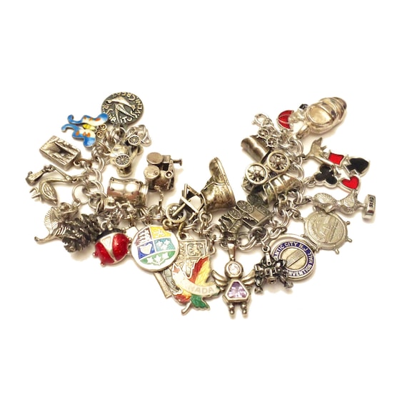 Charm Bracelet Loaded Sterling Silver Charms Double Link Sterling Bracelet Vintage Sterling Charms Articulated Charms Vintage Jewelry Etsy