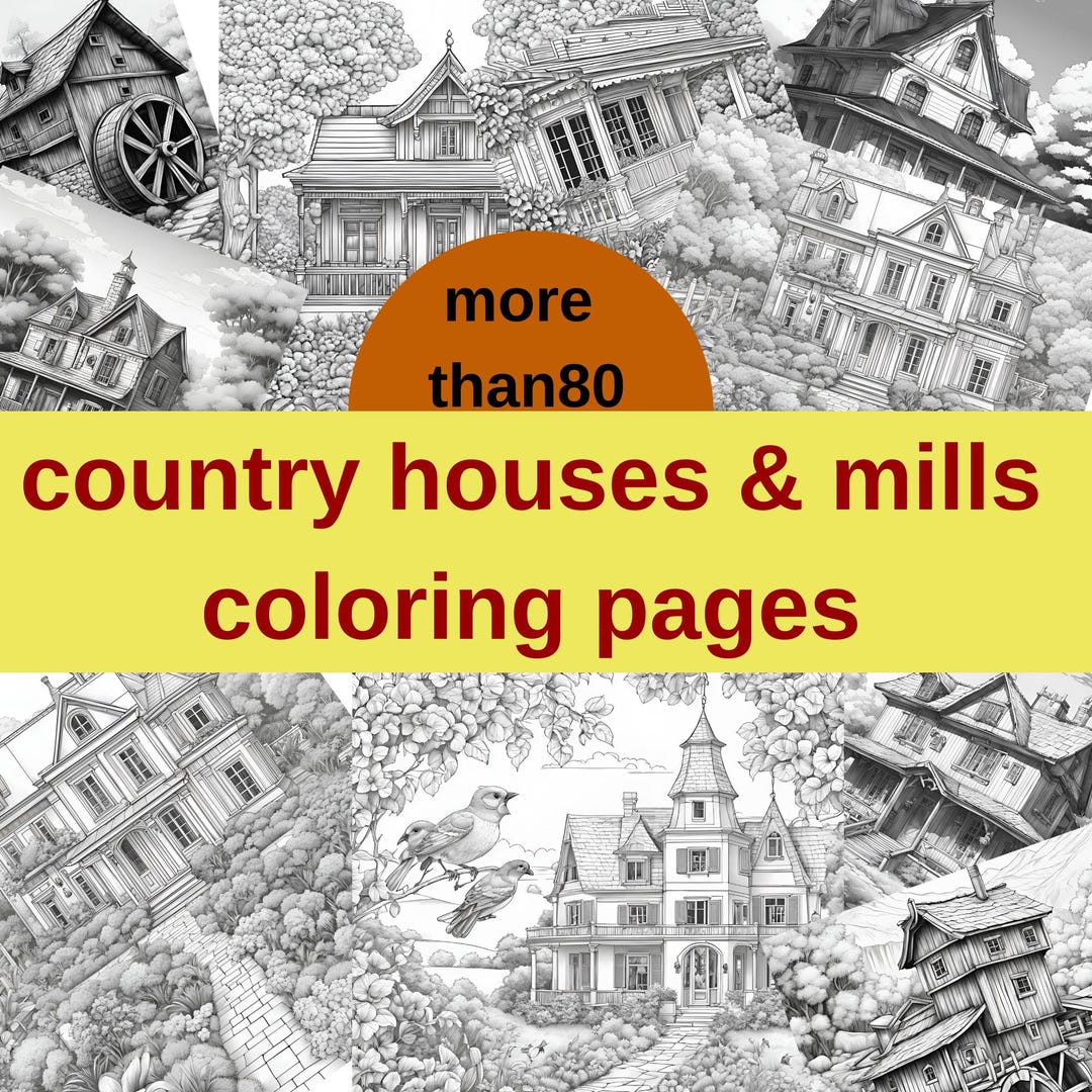 Country Houses and Mills Coloring Pages for Adults. Instantly ...
