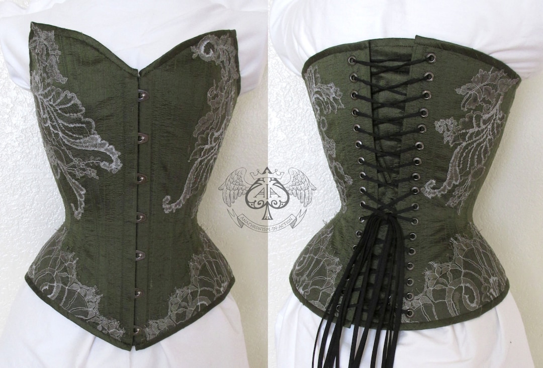 22" SAMPLE - Green Silk Overbust Corset With Metallic Lace - Ooak ...