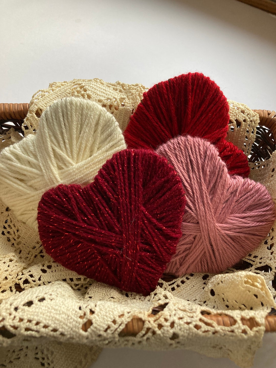 Set of FOUR Yarn Valentine Hearts in Assorted Shades Bowl Filler Tray ...