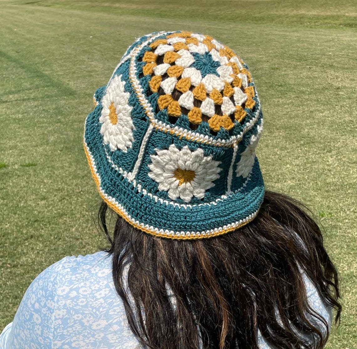 Crochet Bucket Hat - Daisy Granny Square Flower Hat - Handknit Fall Hat ...