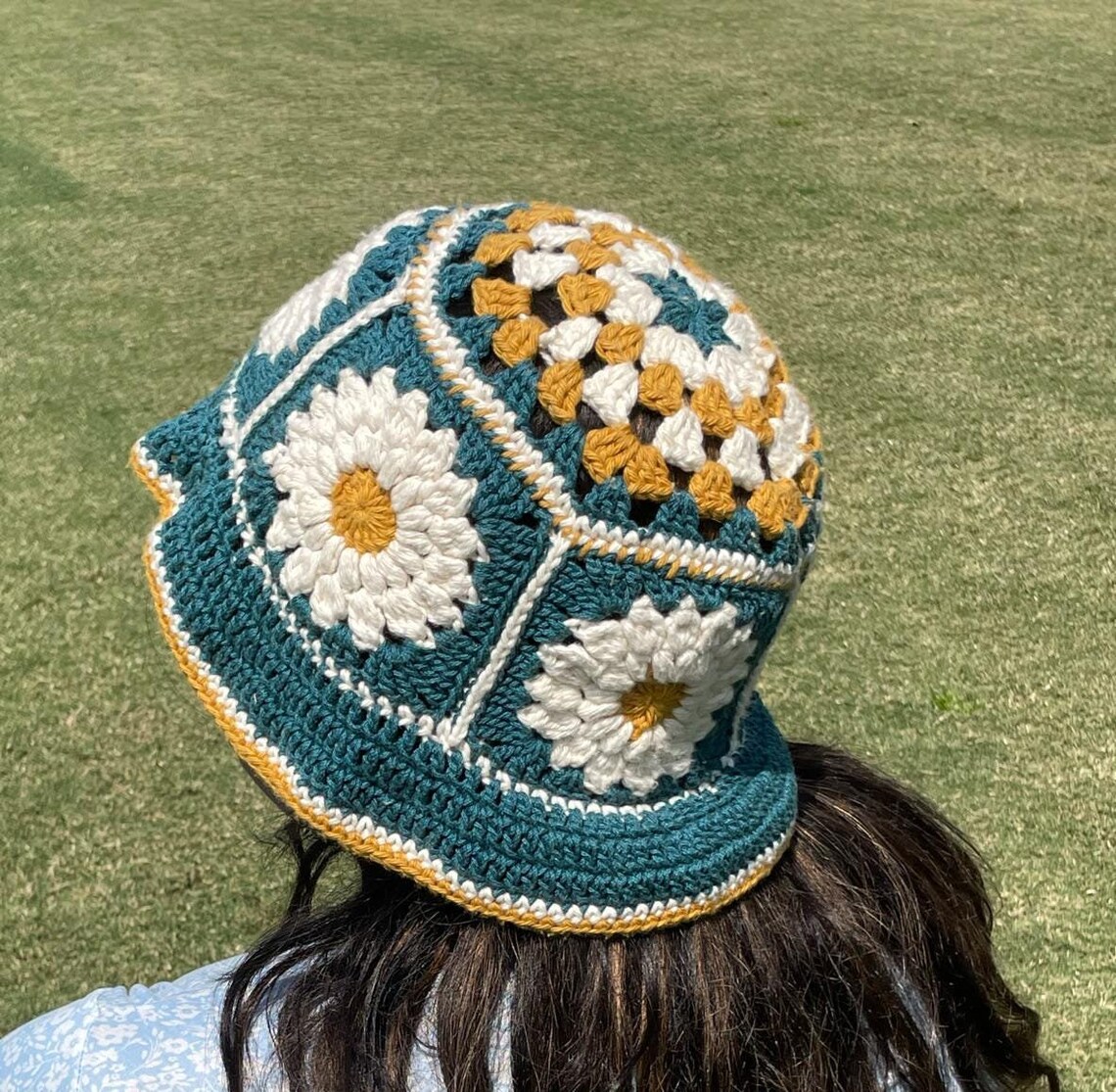 Crochet Bucket Hat - Daisy Granny Square Flower Hat - Handknit Fall Hat ...